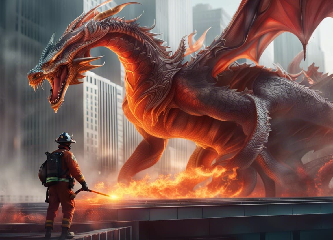 firefighter fighting a dragon - AI Generated Artwork - NightCafe Creator