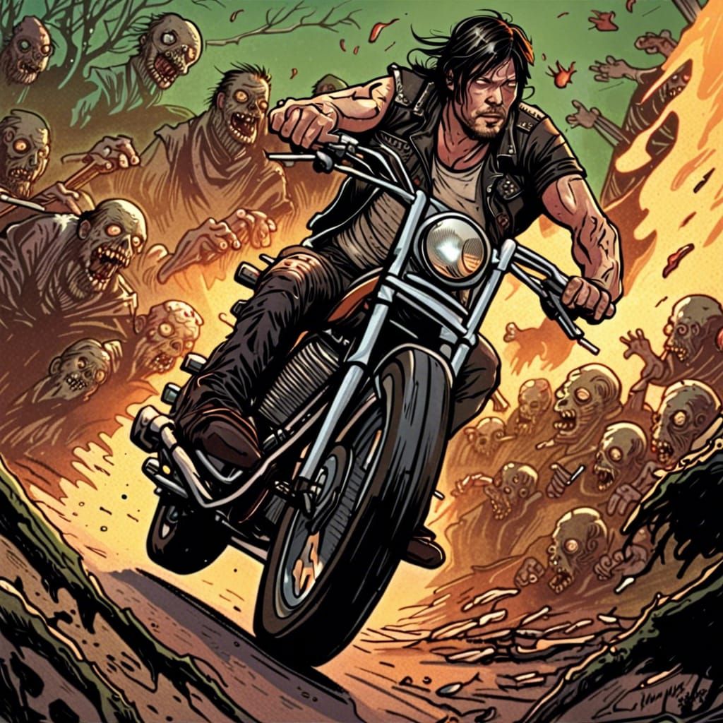 Daryl Dixon riding a motorcycle being pursued by zombies - AI Generated ...