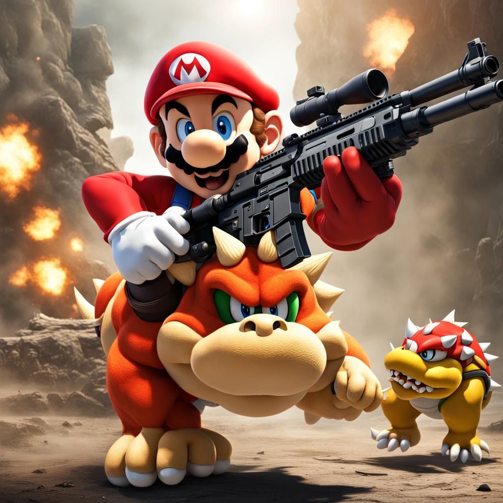 Super Mario holding AR-15 Assault Gun and going to shoot bowser - AI ...