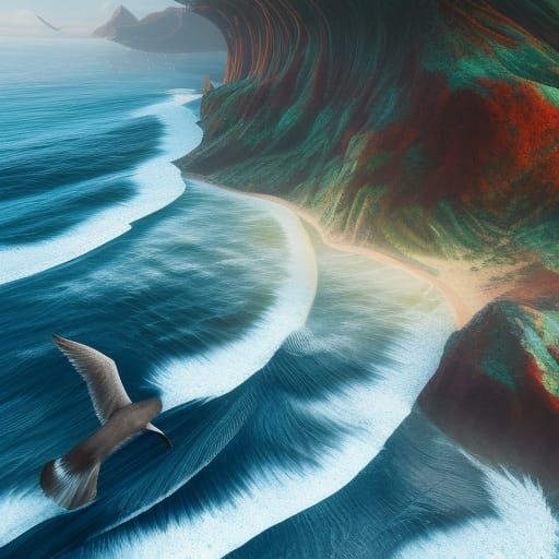 Seabird flying over feathery beach waves - AI Generated Artwork ...