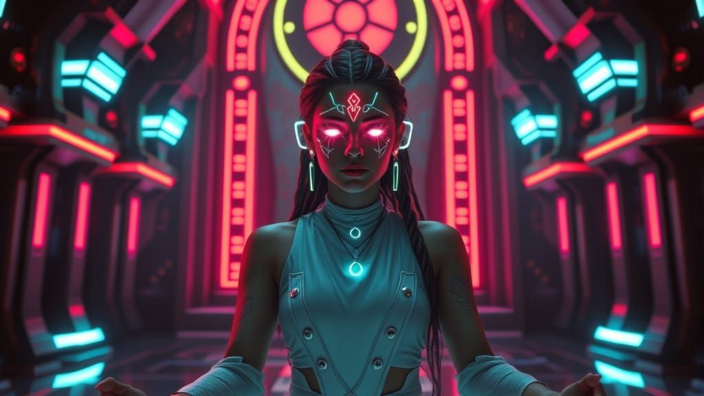 Cyberpunk Monk - Glowing Oracle Meditates in Cyberpunk Templ...