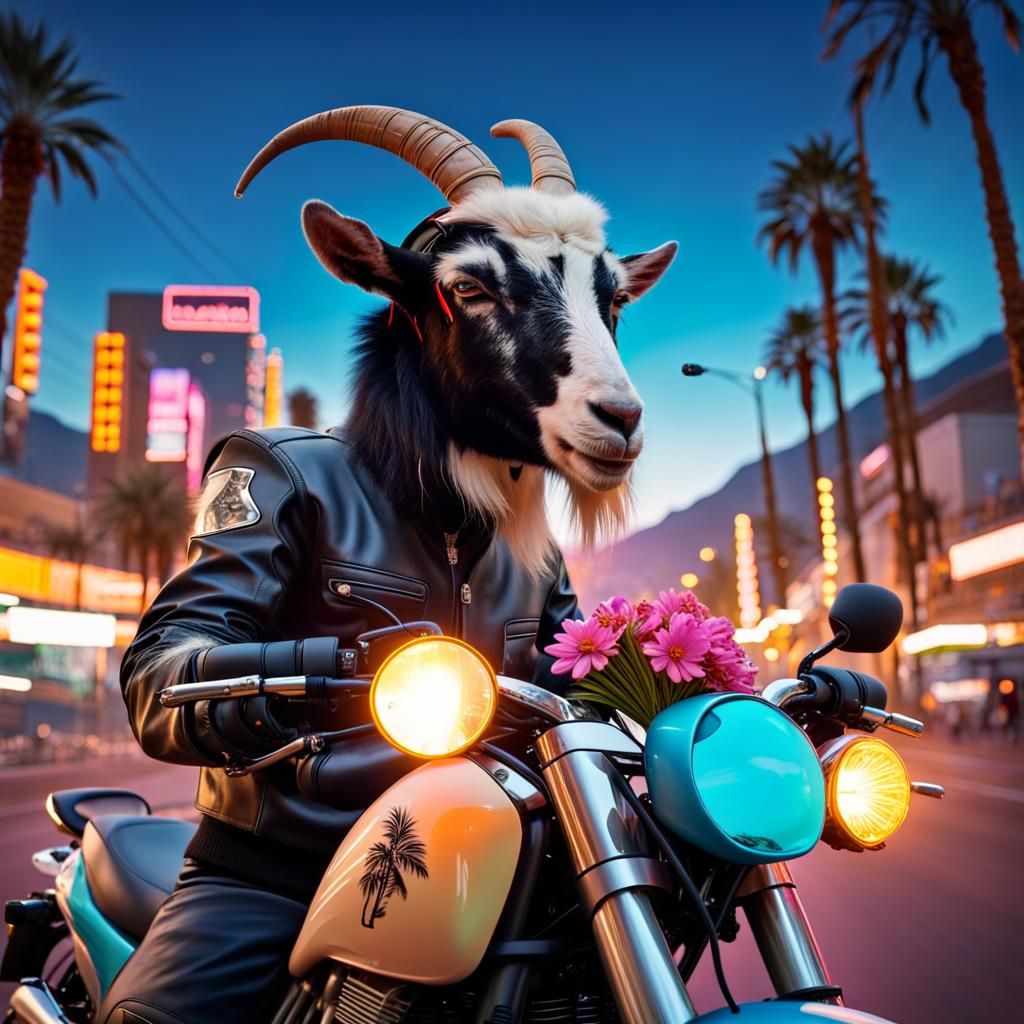 Portrait of a goat wearing motorcycle helmet on a motorbike in a neon ...