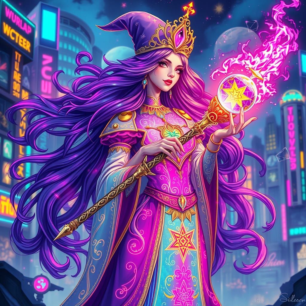 Goddess in Neon Wizard Uniform with Majestic Wand - AI Art