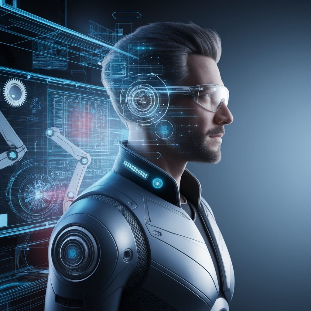 A double-exposure digital art of a visionary inventor, wearing a smart ...