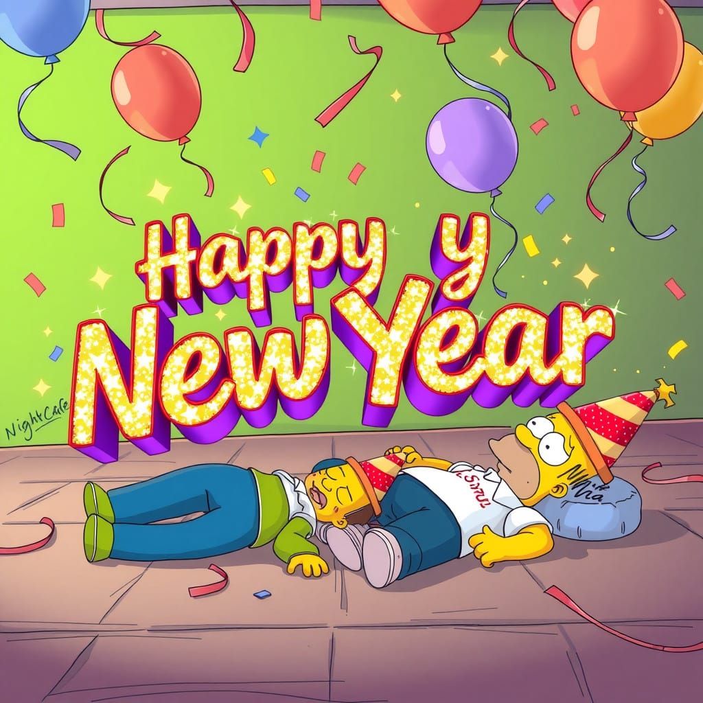 Style: 3d cartoon Simpsons. Text "Happy New Year N... - AI Art