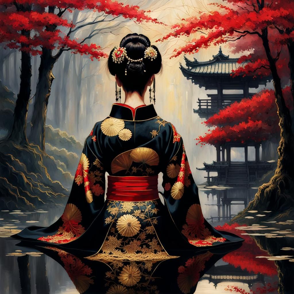 Ornate Japanese Geisha in red and black and golden dress made of lace ...
