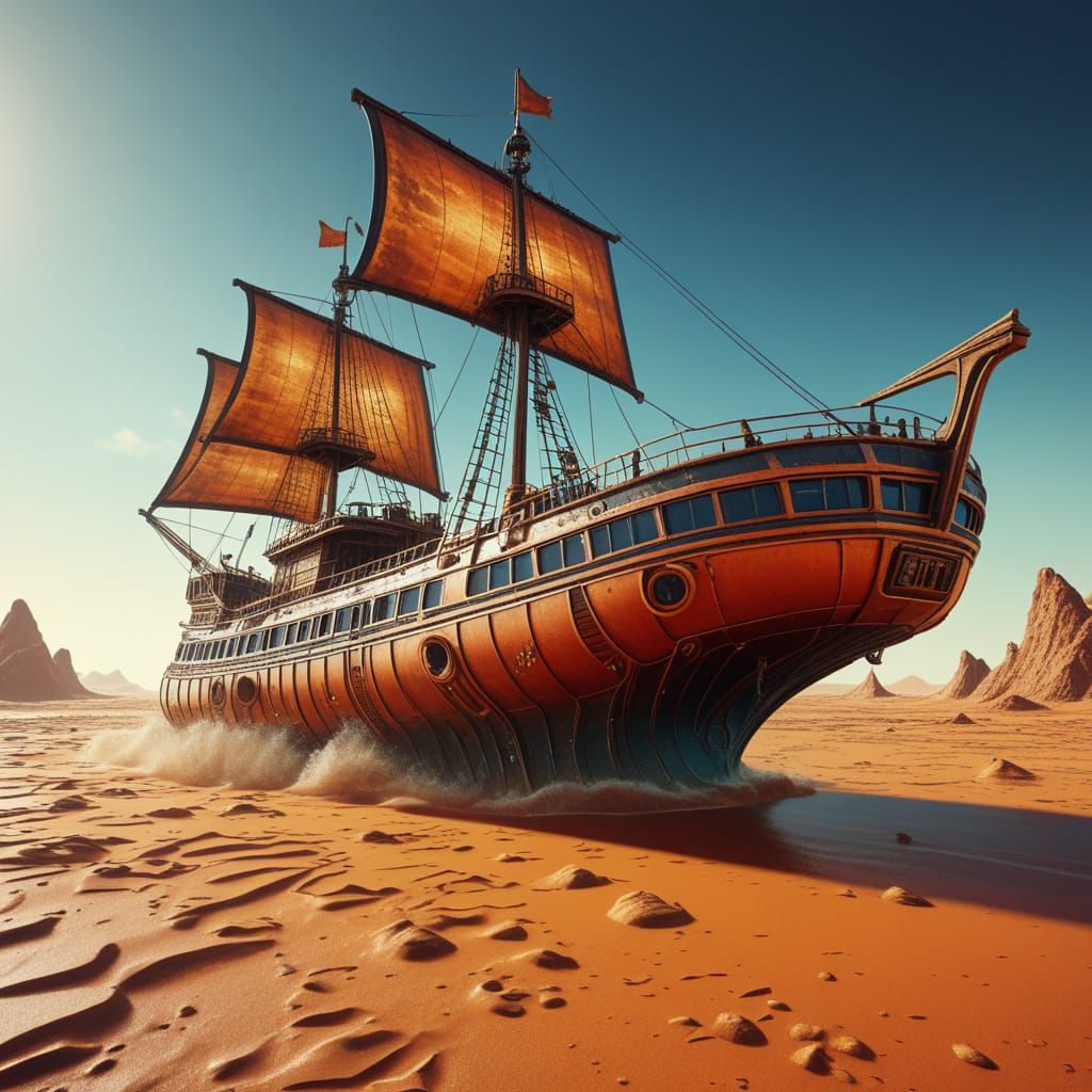 Surreal Martian Sand Sailing Ship in Vibrant 1970s... - AI Art