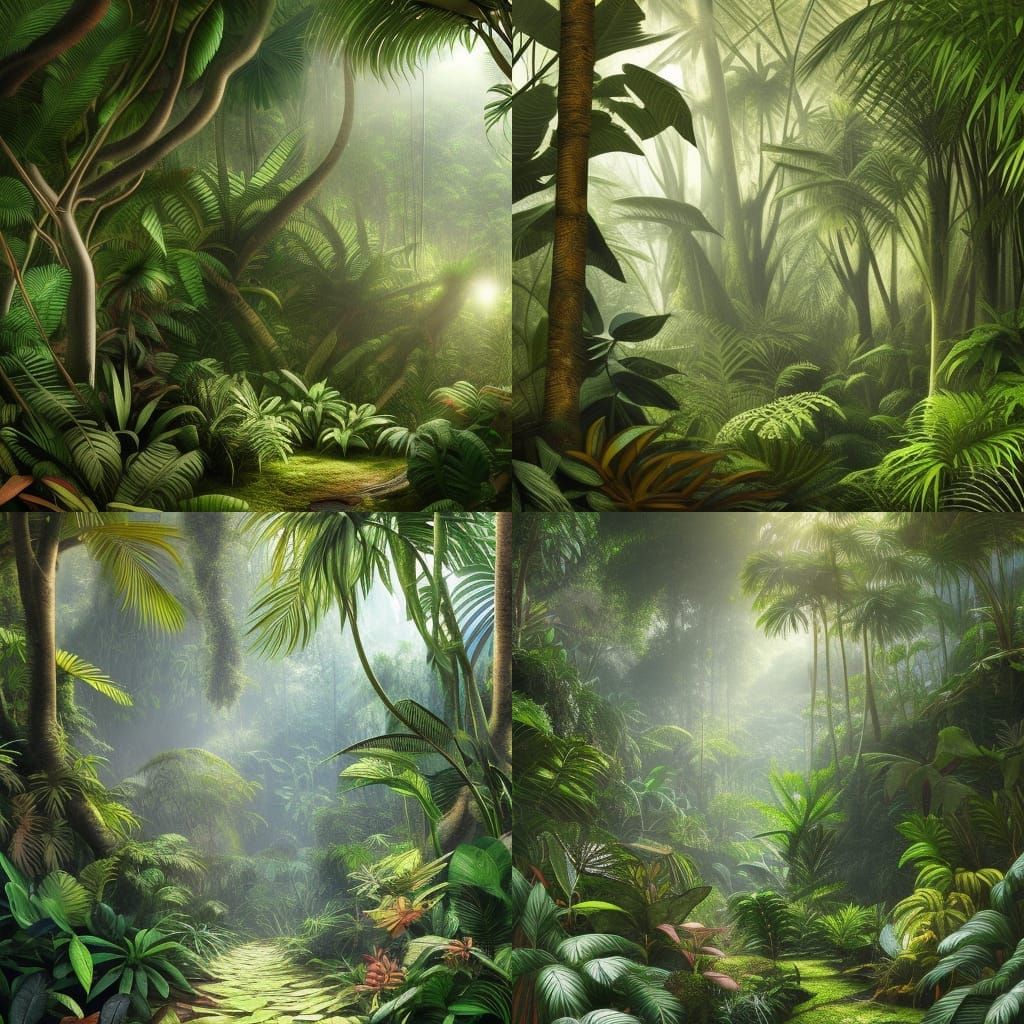 Realistic photograph, detailed and intricate, of a dense rainforest ...