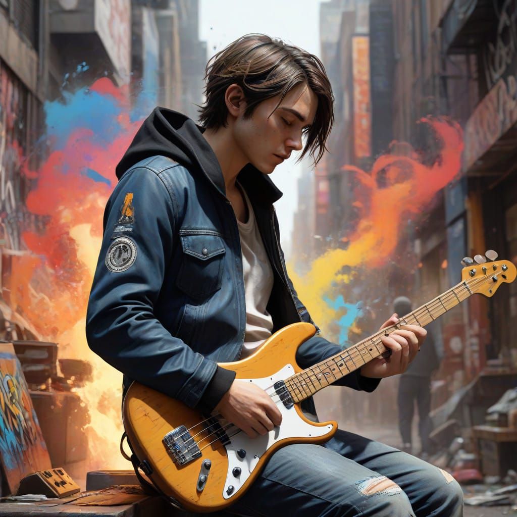 Stoic Rock Bassist in Vibrant Graffiti Landscape - AI Art