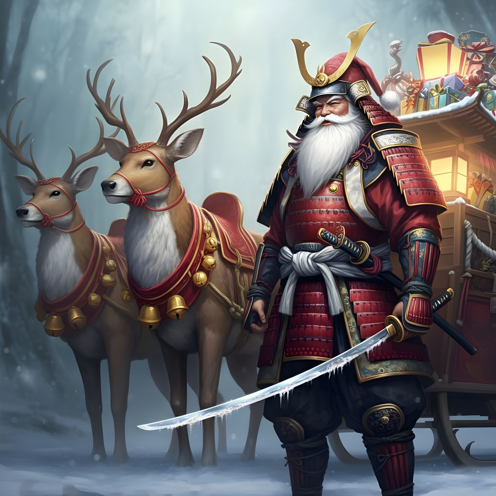 Samurai Santa - Ethereal Samurai Santa in Warrior Pose