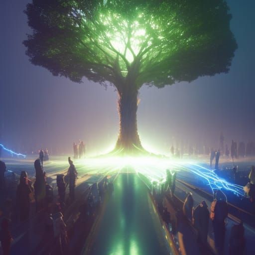 Tree of life giving visible electric currents to people bowing down to ...