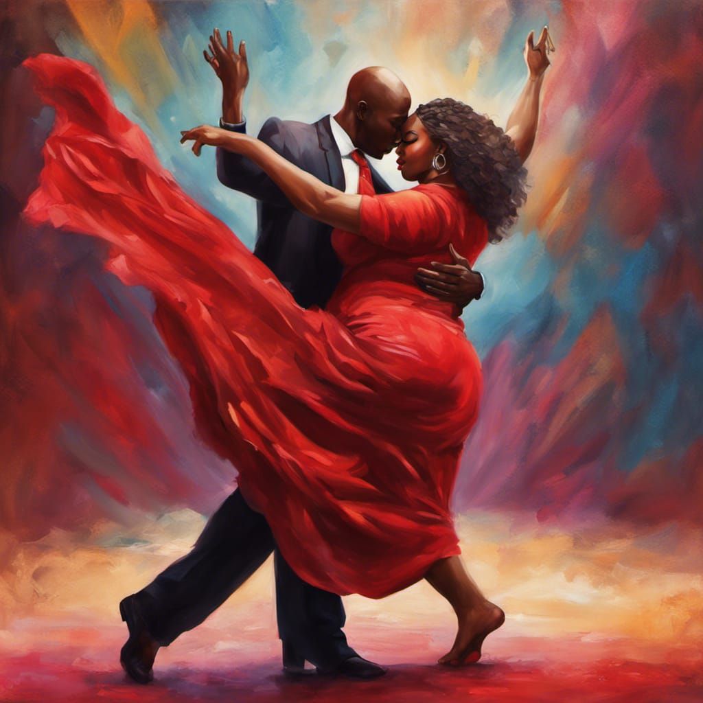 Dark skin bald head man embracing a full figured women dancing in a red ...