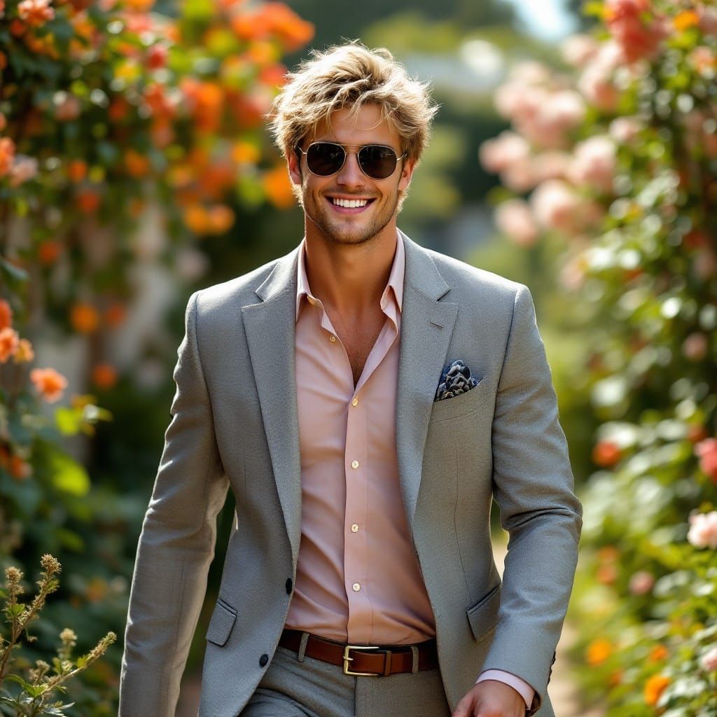 Model in a Dove Gray Suit 250309 - Chiseled Model Strolls Th...