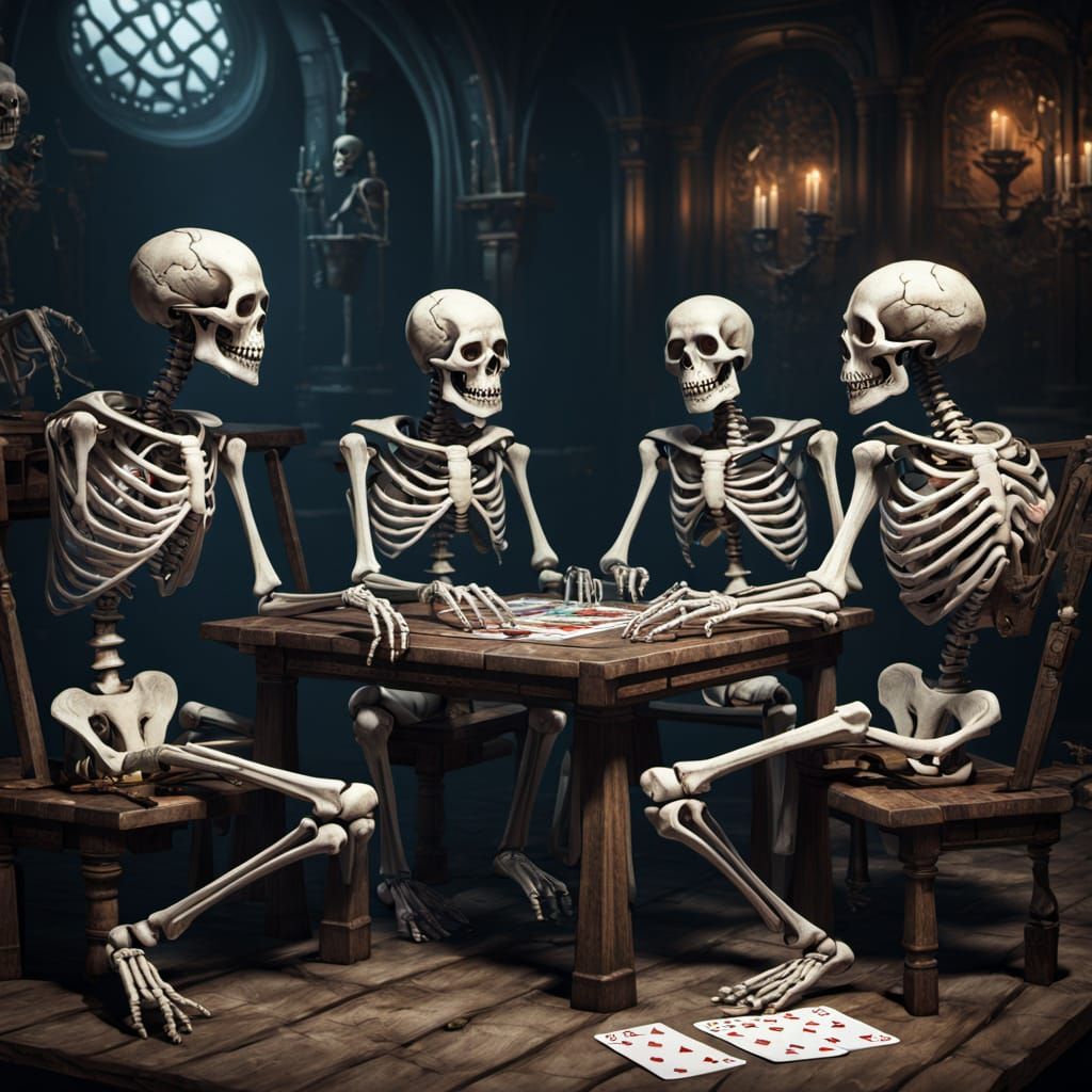 Fantastical Skeletons Gather for a Card Game in Ri... - AI Art