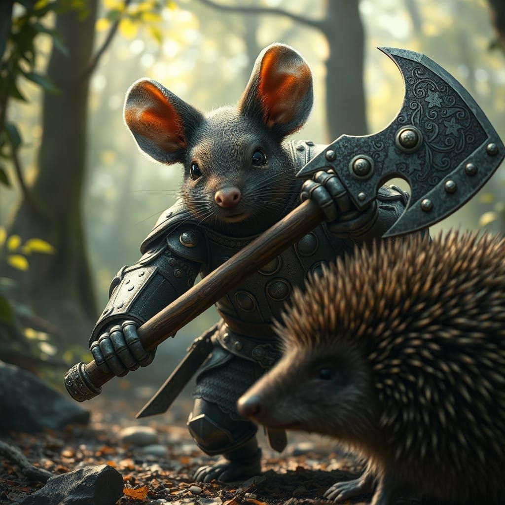 Medieval Mouse in Battle Armor Charges at a Hedgeh... - AI Art