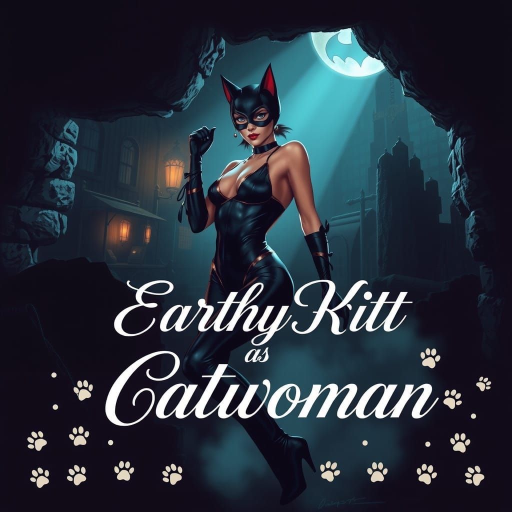 Eartha Kitt as Catwoman in the batcave with fancy script text 'Eartha Kitt as Catwoman'. Text ...