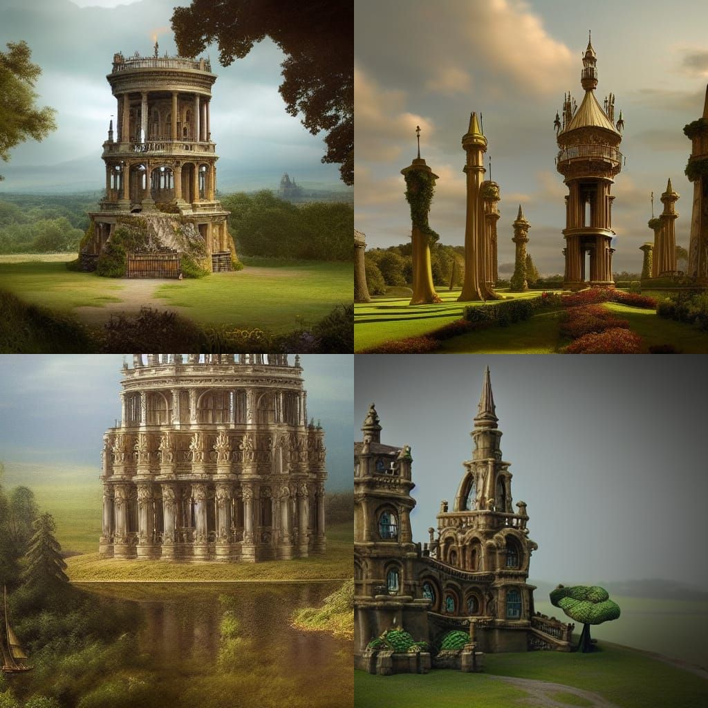 Whimsical fantasy steampunk folly architecture sculpture in landscape ...