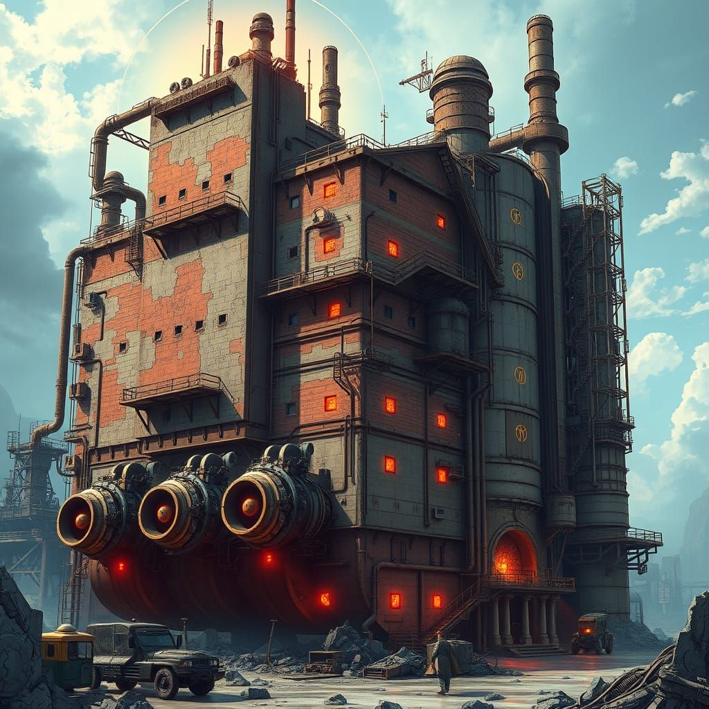 Post-Apocalyptic Industrial Spaceship Rises from R... - AI Art