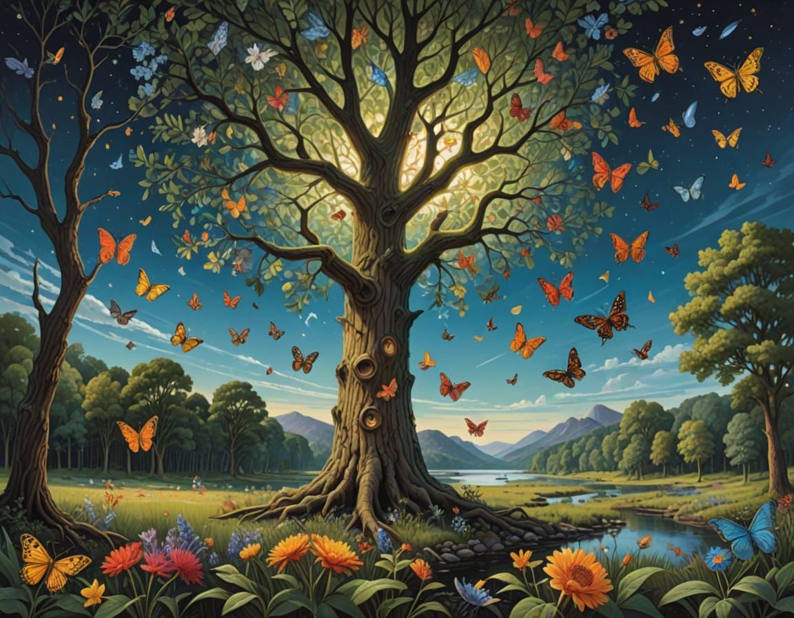 Hyper-Realistic Mural of a Majestic Tree in a Vibr... - AI Art