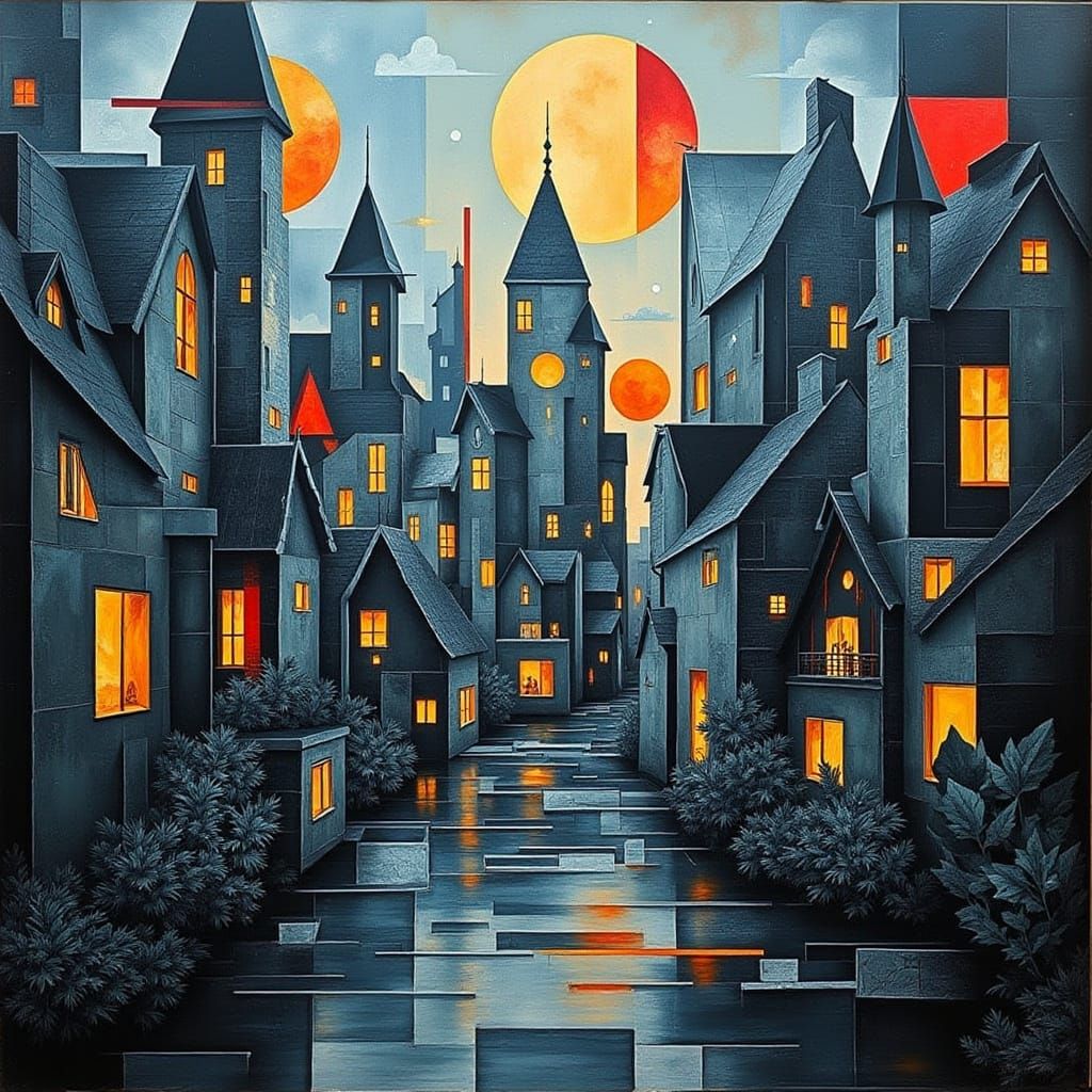 Parametric, CUBISM, Dark fantasy, morning, house's, water, sun ...