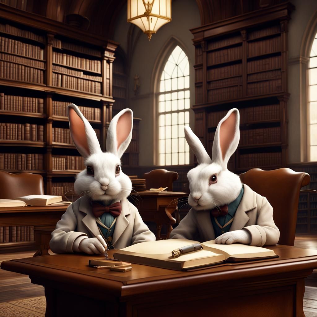 student rabbits in the library studying away, big old-fashioned library ...