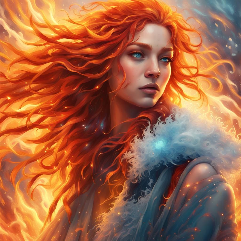 Girl of fire and ice - Ethereal Goddess with Fiery Locks and...