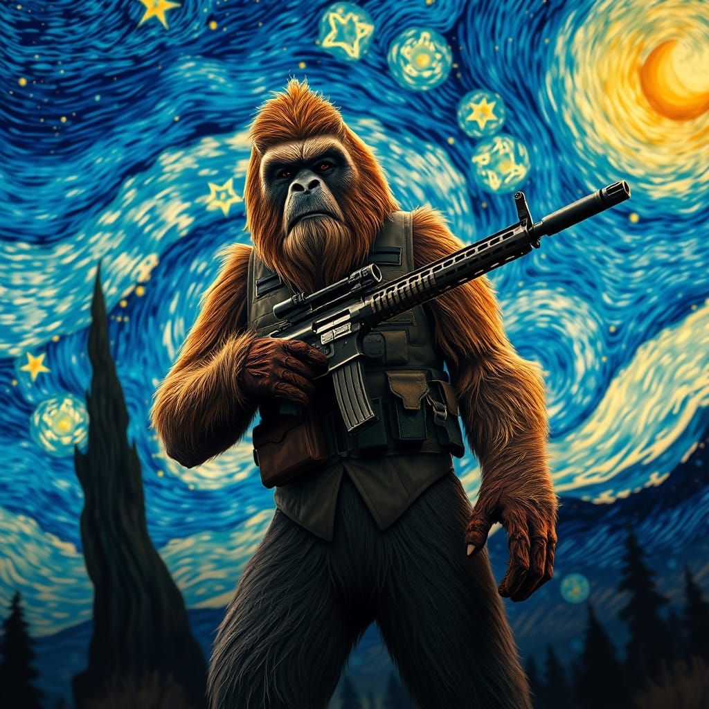 Sasquatch Stands Heroically Under Starry Night Sky - AI Art