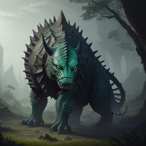 8'0', wide build beast, green spines on back, four robust leggs, one ...