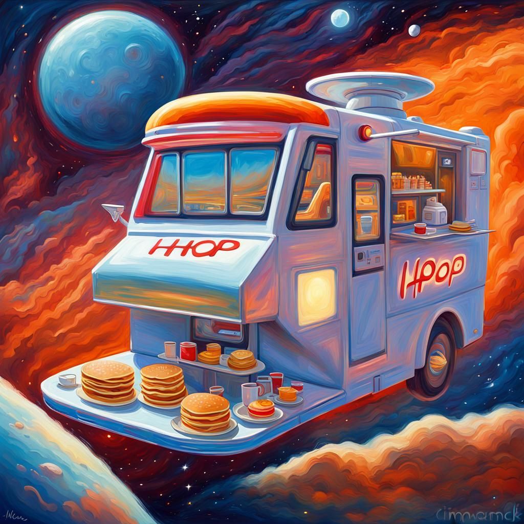 a vivid cartoon image of A FUTURISTIC iHop food truck space shuttle ...