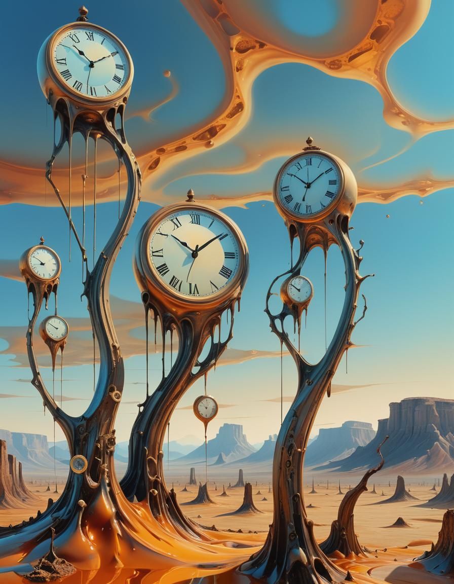 Ethereal Surrealist Vistas: Melting Clocks Over De... - AI Art