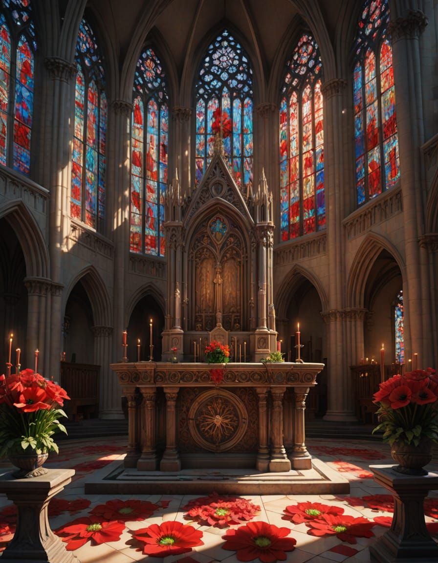 Cathedral altars within an interior scene adorned with stained windows ...