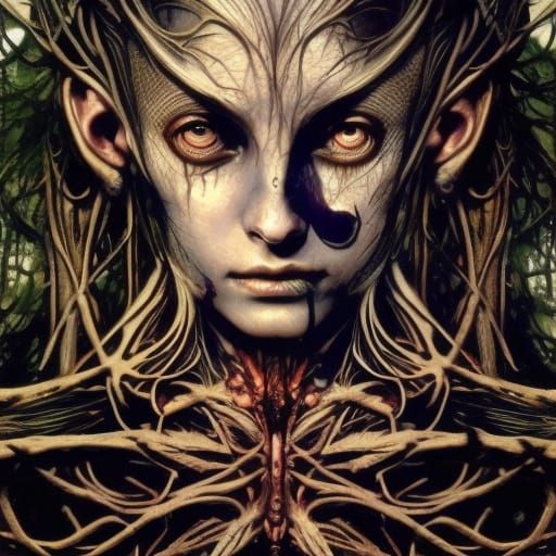 dryad, nightmare creature,tree spirit, and the torso of a woman, horror, hyper-realistic, hyper ...