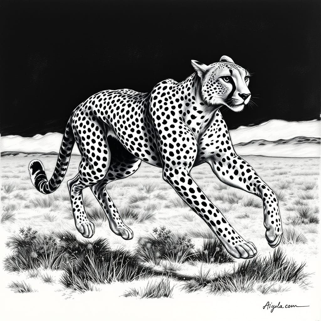 A highly detailed scratchboard engraving of a majestic cheetah in mid ...