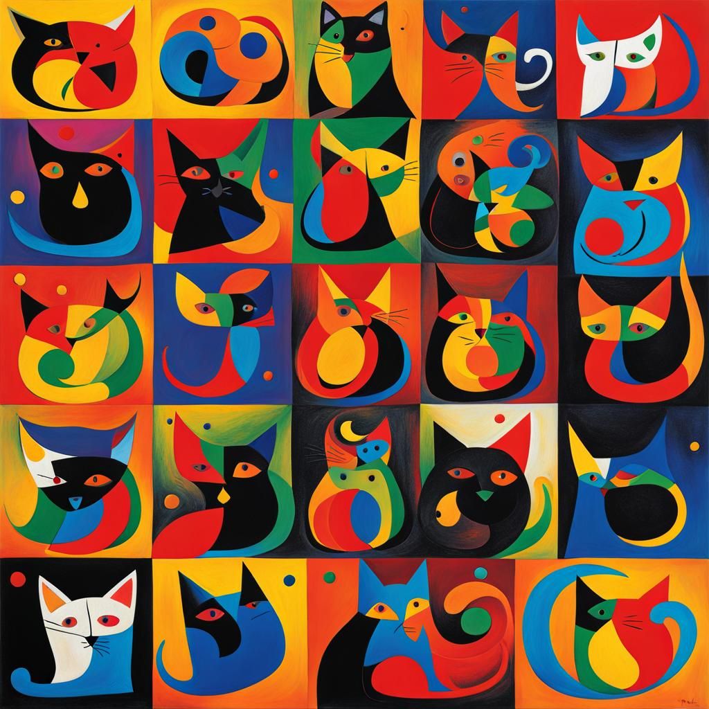 Colorful surreal art by Joan Miró, cats - AI Generated Artwork ...