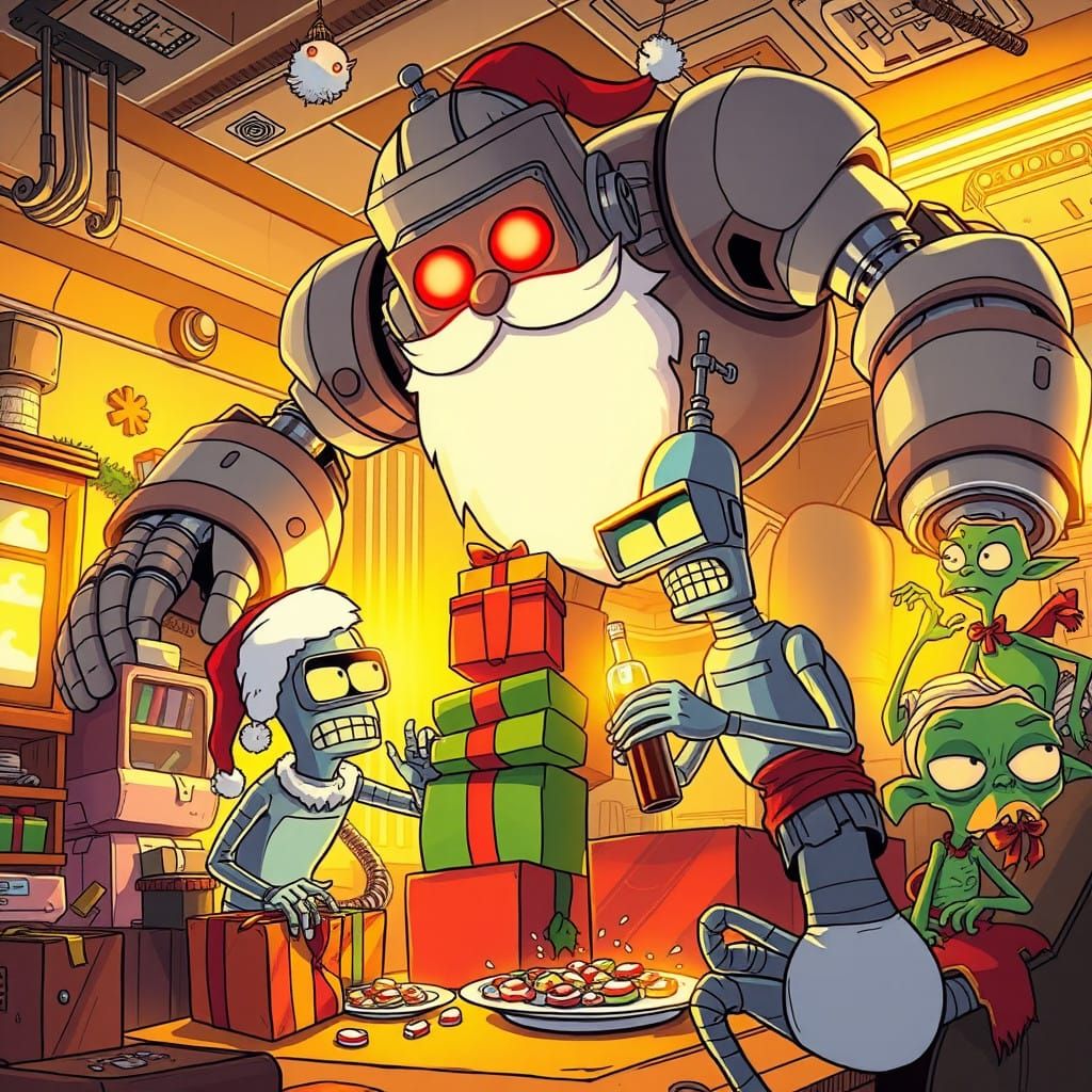 a frantic Futurama Christmas scene where Robot Santa stomps through the ...