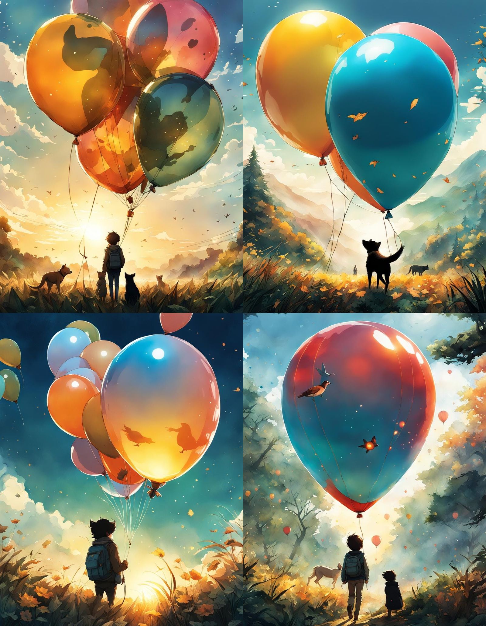 animal shaped balloon, ray light effect, anime key visual, manhwa style ...