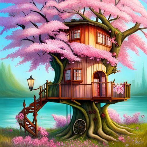 Cherry Blossom Treehouse - AI Generated Artwork - NightCafe Creator