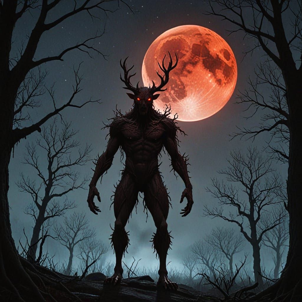 Blood Moon Forest Creature in Dark Fantasy Style - AI Art
