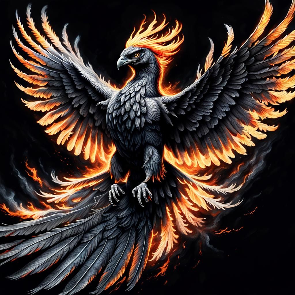 A phoenix captured mid-flight, with fiery feathers that look as if they ...