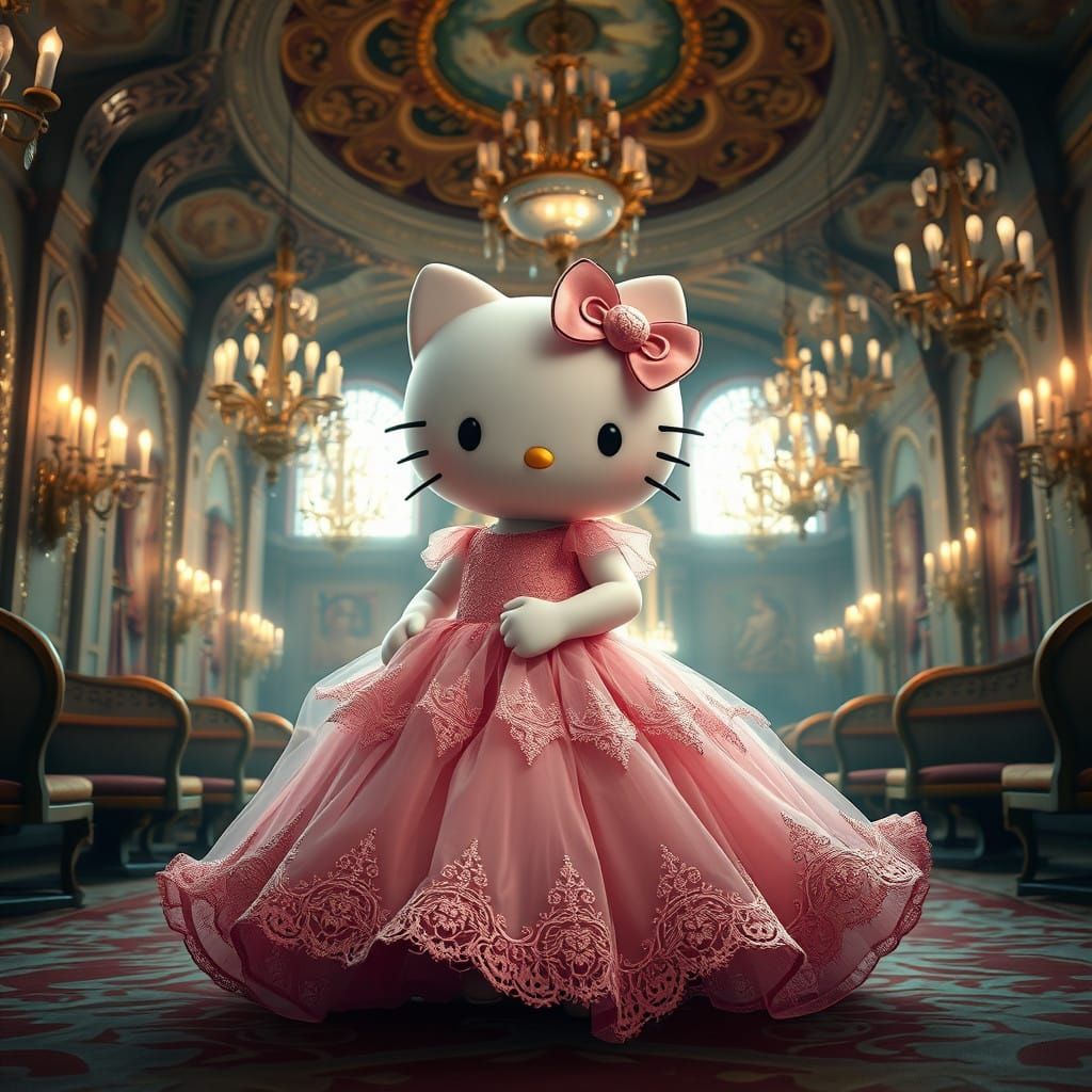 Hello Kitty in a Whimsical Grand Ballroom Setting ... - AI Art