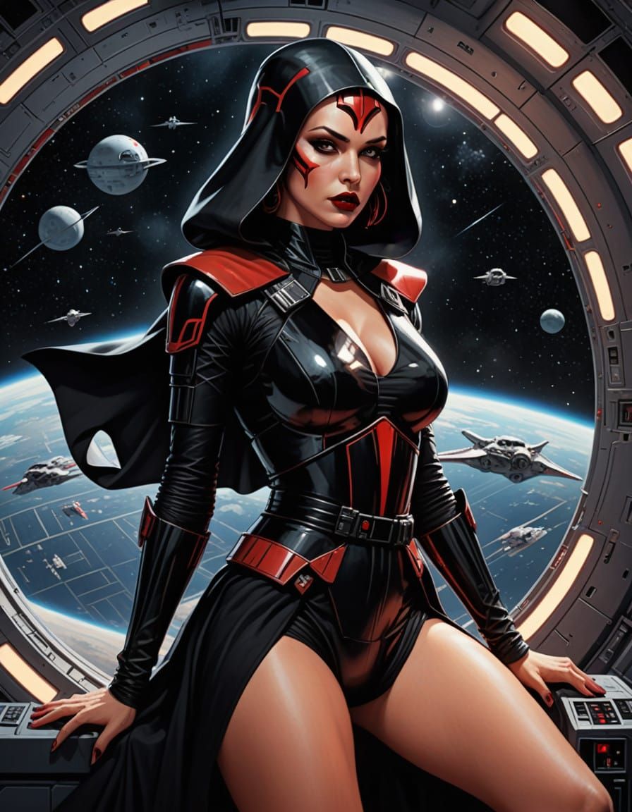Glamorous Sith Warrior in Cosmic Starship Setting - AI Art