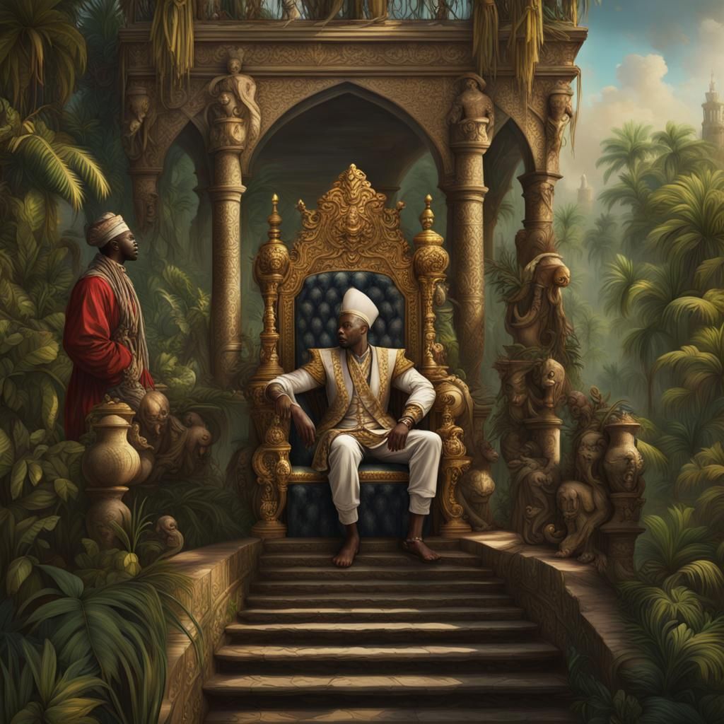 Opulent European-looking Sultan seated on a jungle throne carried by ...