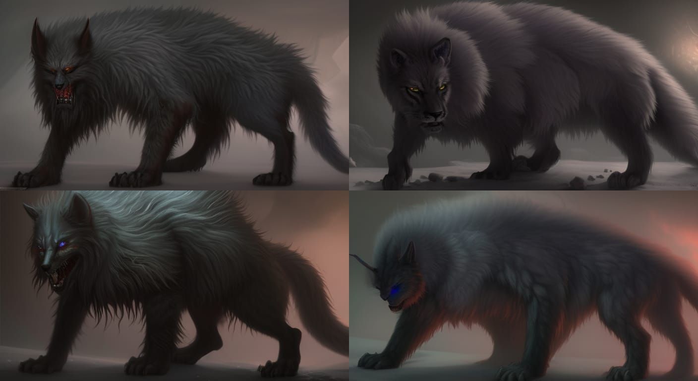 An alpha fenrir wolf. Pitch black fur with 6 silver lines of furl, 3 ...