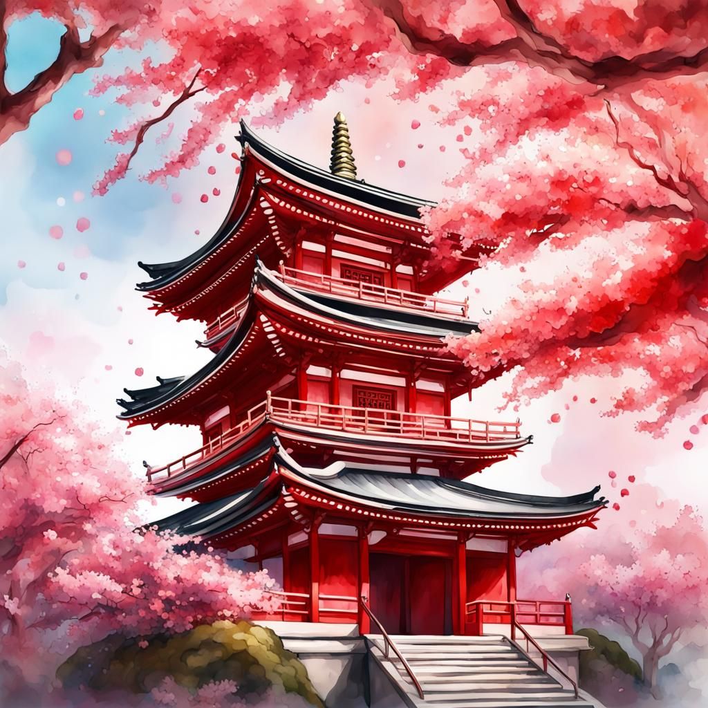beautiful red japanese temple with cherry blossoms eveywhere ...