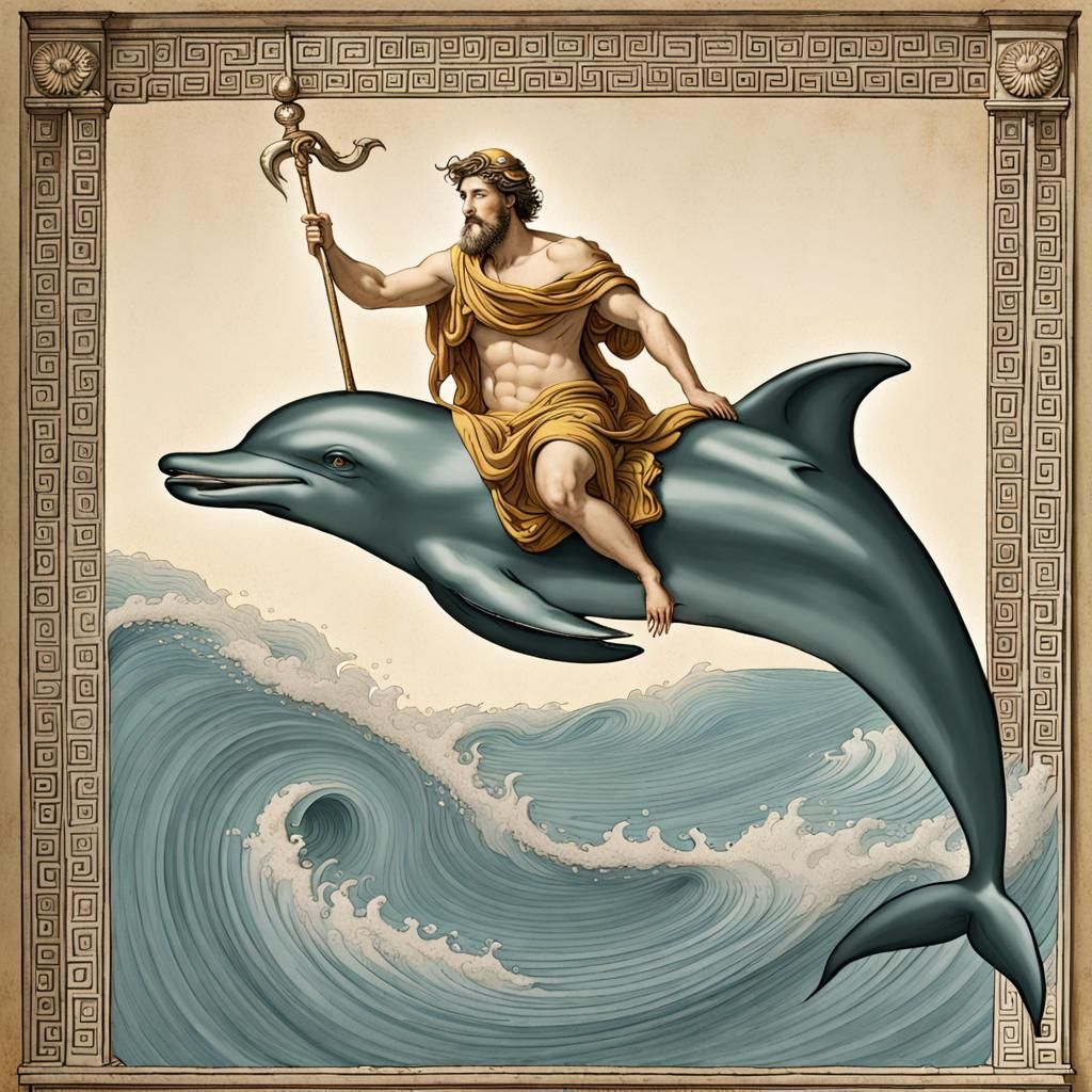 Greek god riding a dolphin - AI Generated Artwork - NightCafe Creator