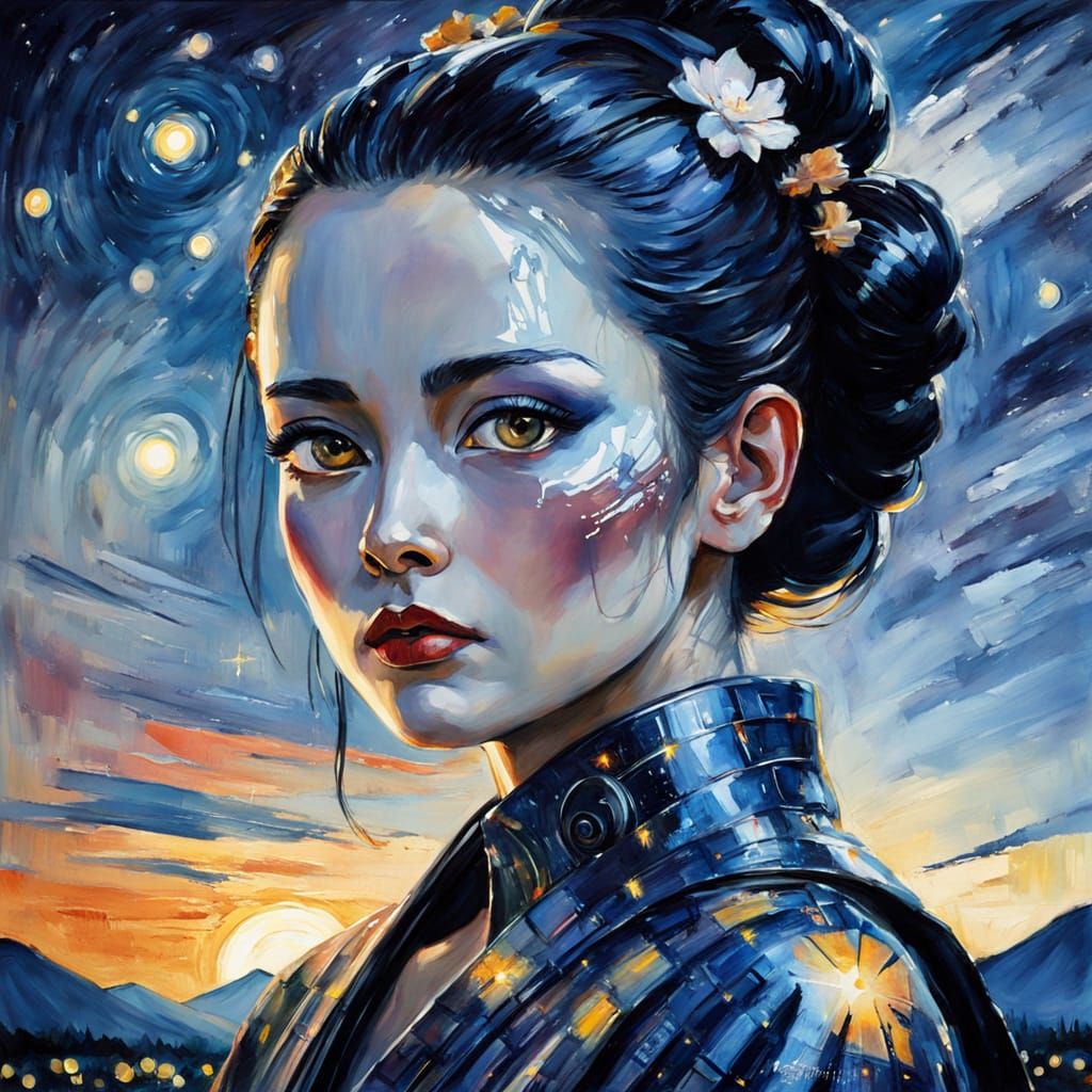 Retro Futuristic Android Geisha in Cyberpunk Attir... - AI Art