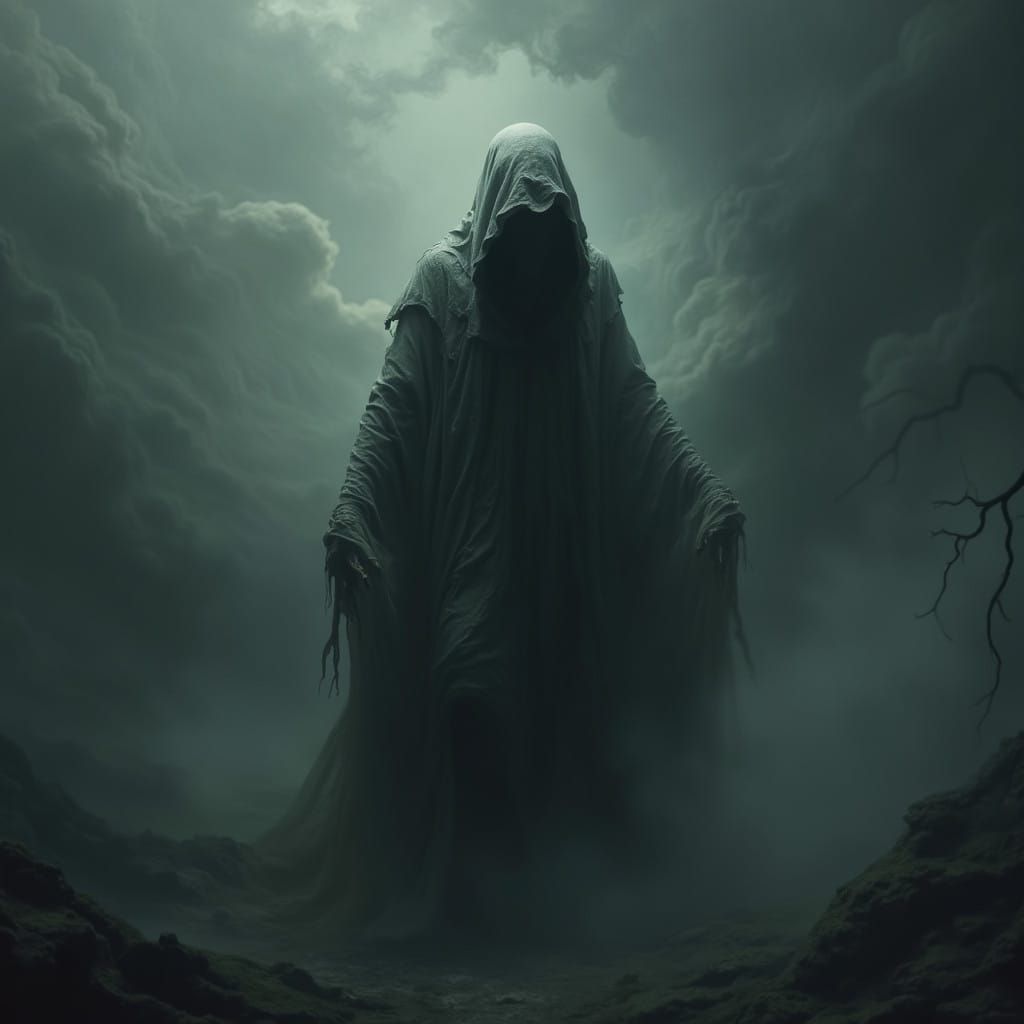 Shrouded Figure in Turbulent Shadowscape - AI Art
