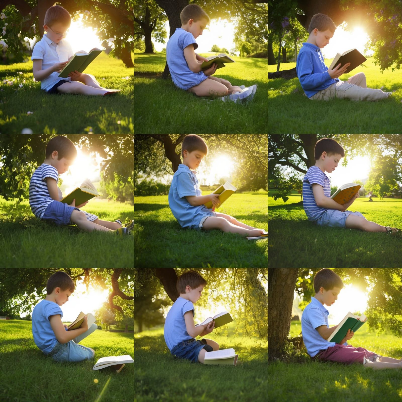 boy reading a book in a garden under a tree. flowers, bees, sunlight ...