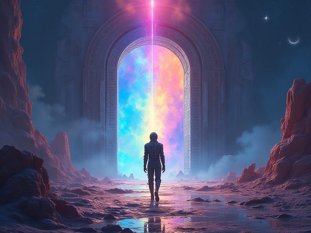 Space Traveler Approaches Rainbow Dimension Gate t... - AI Art