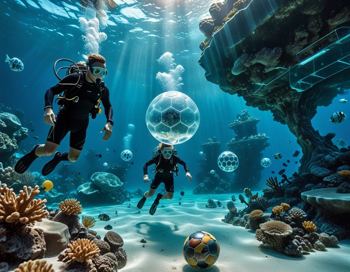 Underwater Soccer with Divers in a Futuristic City - AI Art